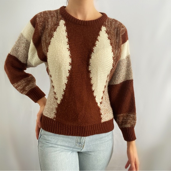 Vintage | Sweaters | Vintage 8s Joyce Knits Brown Sweater Geometric ...
